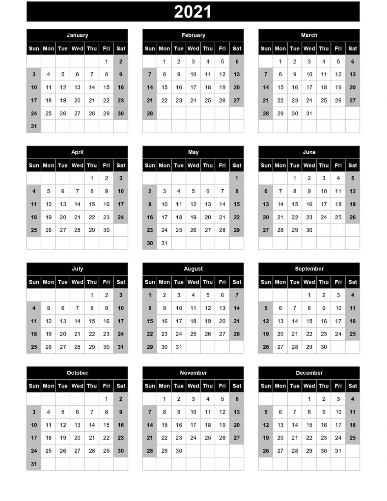 Yearly Calendar 2021 Printable Templates | 101 Activity