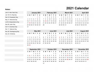 Yearly 2021 Calendar Printable Template | 101 Activity